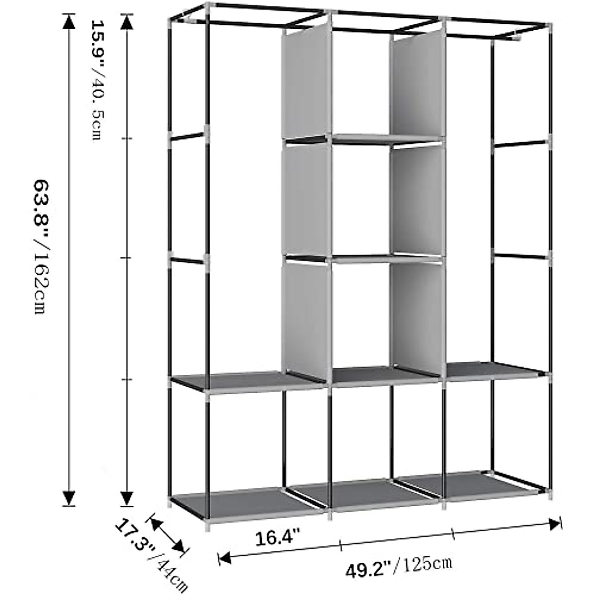 GHQME Fabric Wardrobe Portable Clothes Closet Storage Organizer with Compartments and Rods (Black Without Drawer, 49.2” x 17.3” x 63.8”)