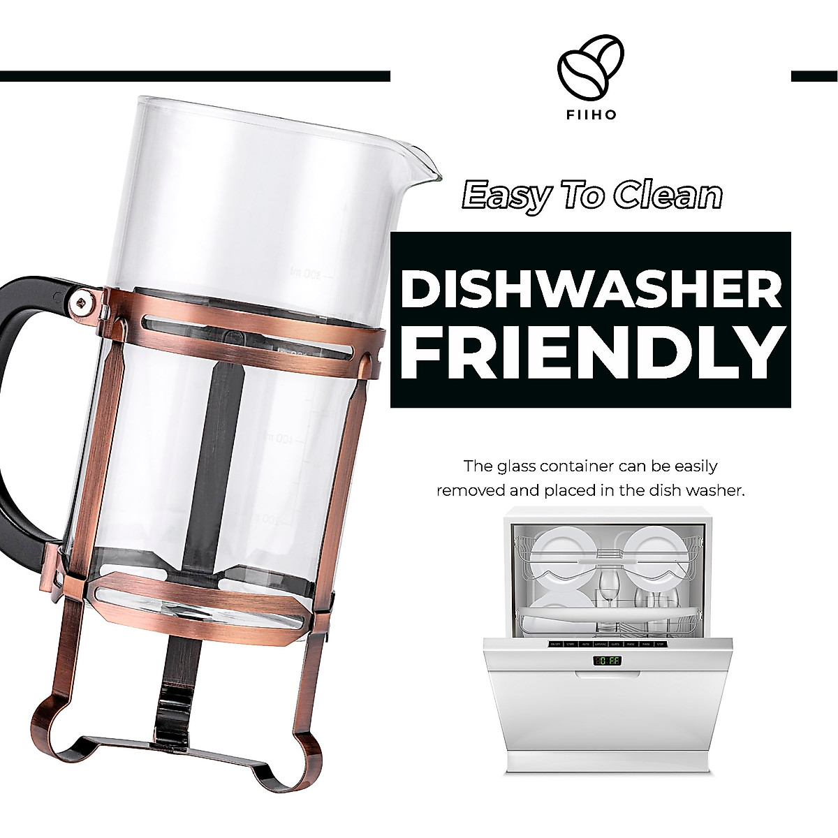 French Press Coffee Tea Maker（34oz）,304 Stainless Steel Coffee Press with 4 Filters Screen-100% No Residue -German Heat-Resistant Borosilicate Glass- BPA FREE -Dishwasherable，Copper