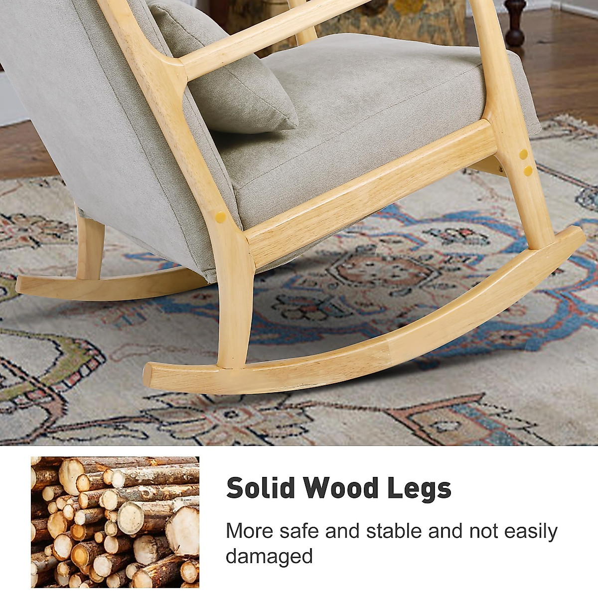 LUCKYERMORE Rocking Chair Nursery with Solid Wood Legs,Glider Chair with High Backrest,Upholstered Glider Rocker Chair for Nursery Bedroom Living Room, Grey