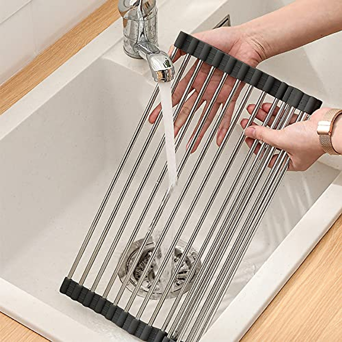 MGahyi Roll Up Dish Drying Rack, Over The Sink Drying Rack, Multipurpose 304 Stainless Steel Silicone Wrapped Steel Roll-Up , Folding Dish Rack for Kitchen Sink （Black, 17.3" x 10.2"）