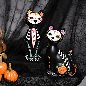 Newman House Studio Sugar-Skull Halloween-Decorations - Day-of Dead-Figurines Floral Cats Couple-Decor Dia de Los Muertos Black Kitten Collectibles Set of 2, 6.3L x 4.0W x 10.2H inch