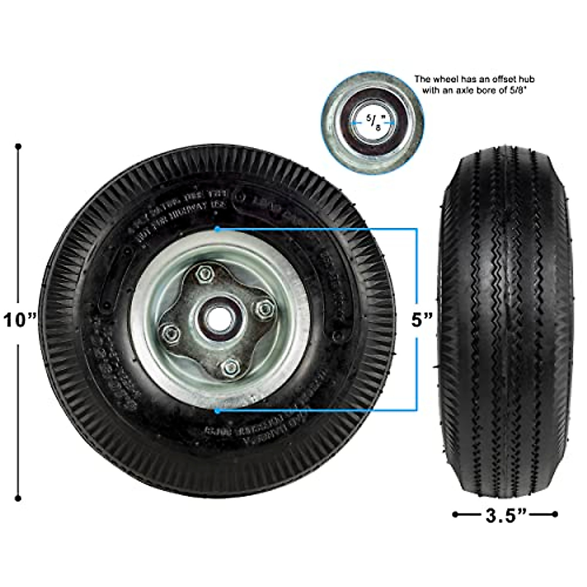 Vergo Pneumatic Wheels 2-Pack Heavy Duty Air Filled Dolly Replacement Wheels - Threaded Tires, Hand Truck Wheels 10" x 3.5” with 5/8" Axle Bore Hole, Offset Hub