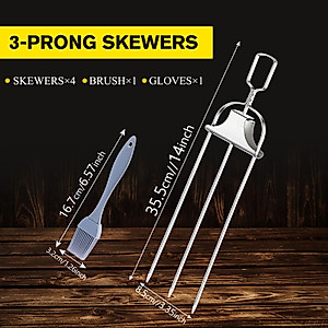 4PCS Kabob Skewers for Grilling, 14'' Stainless Steel Kebab Skewers, 3 Prong Metal Grill Skewers with Push Bar Slider, Skewer Sticks for Meat Veggies Marshmallows Fruits, BBQ Barbecue Accessories