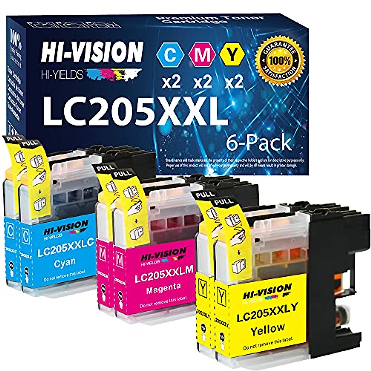 HI-VISION HI-YIELDS Compatible LC205xl Ink Cartridges Replacement for Brother LC-205xl Work with MFC-J4320DW J4420DW J4620DW J5520DW, (2X Cyan, 2X Magenta, 2X Yellow, Total 6-Pack)