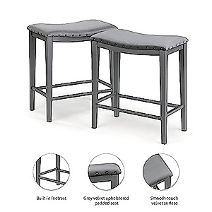 KATDANS Grey Bar Stools Set of 2 Counter Height 24 Inches Backless Barstools for Kitchen Counter Modern Saddle Stools Velvet Nailhead Upholstered Stools, KS718PN