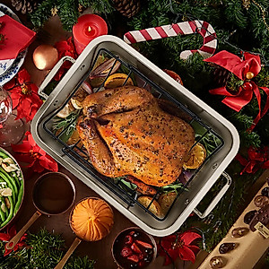 Hillbond Stainless Steel Roasting Pan with Rack 16 Inch Turkey Roaster Pan with U-Shaped Rack Flat Rack Turkey Lifting Forks for Turkey, Chicken, Vegetables Set of 5