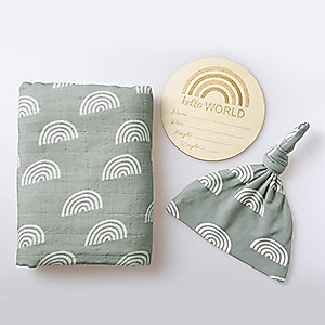 Miaoberry 100% Organic Cotton Muslin Blanket| Sage Green Rainbow Baby Swaddle Set| Newborn Boy Girl Unisex Neutral| Boho Vintage Monthly Picture Blanket
