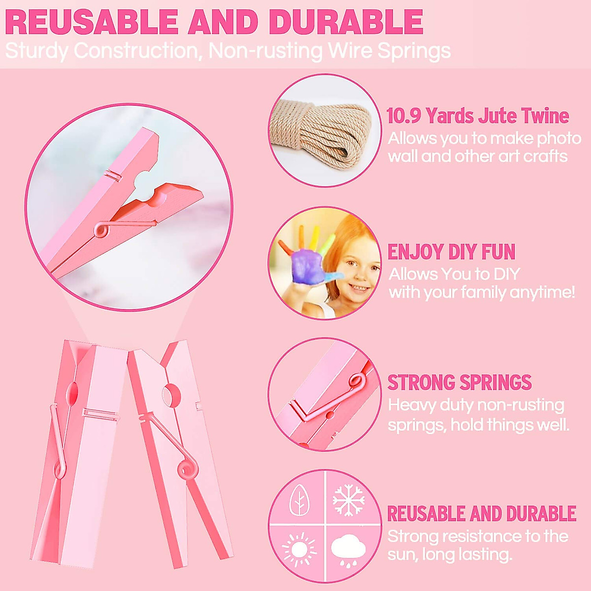 Clothes Pins Mini Clothespins Pink - 100 PCS Wooden Small Clothespins for Pictures with Jute Twine Tiny Photo Paper Clip, Ideal for Baby Shower, Crafts, Chip Clips, Home Office Decoration