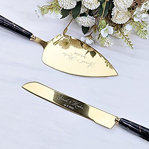 Personalized Wedding Cake Server Set, Gold Cake Knife & Server Set, Ceramic Marble Wedding Cake Cutting Server Set, Engraved Cutting Set, Bridal Shower Gift (Black)