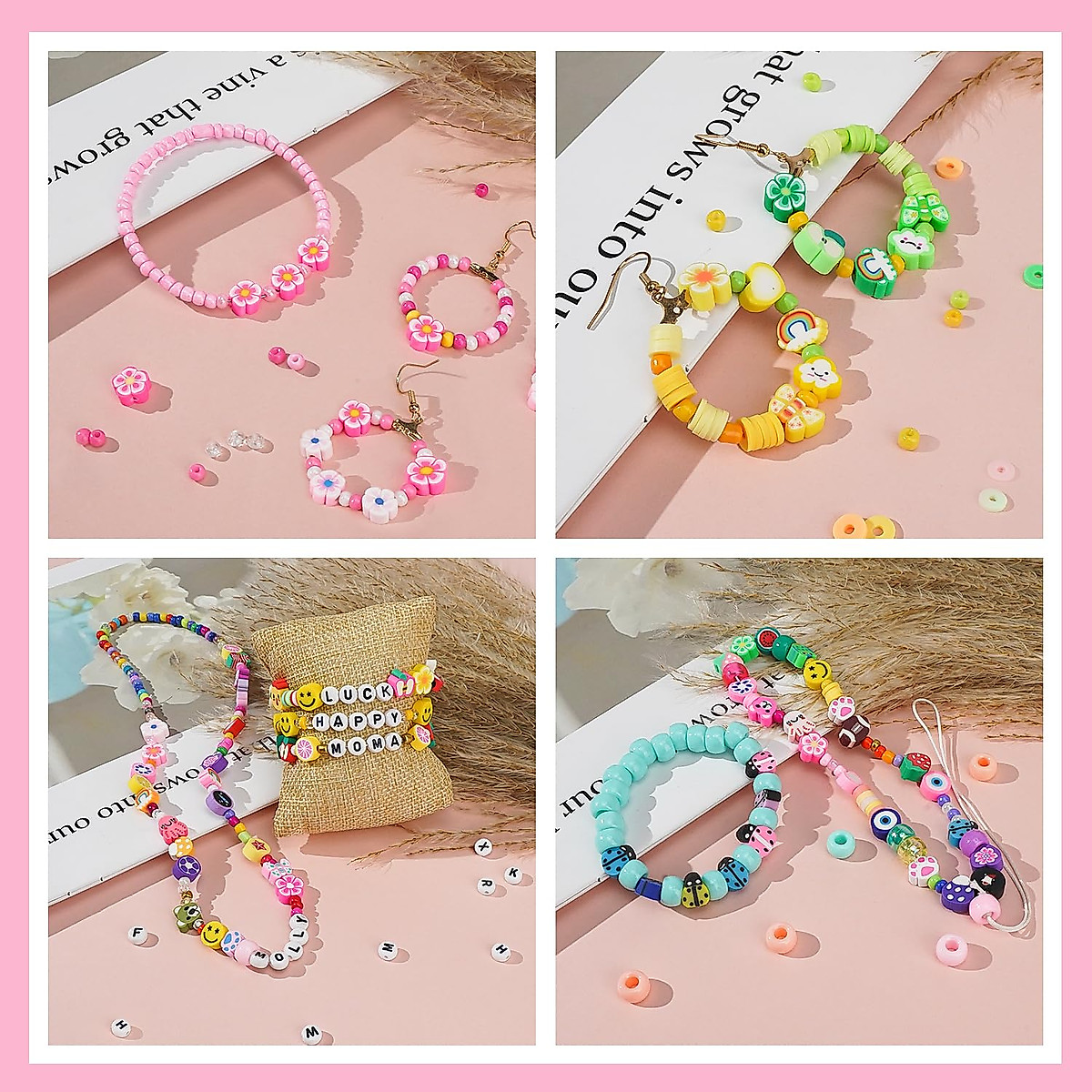 Gionlion 1000PCS Polymer Clay Beads Bracelet Making kit, 30 Style Cute Fun Fruit Flower Rainbow Butterfly Animal Heart Star Beads Charms for Jewelry Necklace Making Christmas Gift for Girls