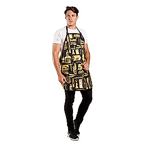Betty Dain Vintage Barber Apron, Lightweight, Water-Resistant Crinkle Nylon Fabric, 2 Chest Pockets, 2 Bottom Pockets with Zippers, Adjustable Neck Closure, Gold/Black