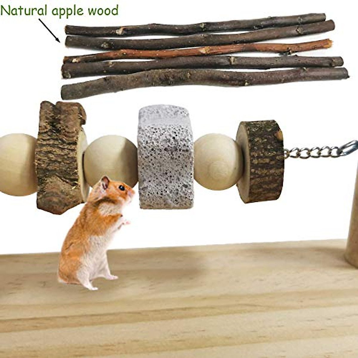 kathson Hamster Wood Ledge Platform Chewing Toys Chinchilla Cage Accessories Guinea Pig Teeth Grinding Lava Blocks Pet Molar Grass Cake Natural Apple Sticks for Mouse Rat Gerbil Dwarf Hamster 11PCS