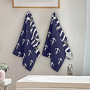 Anchor Bath Hand Towel 2 Pcs Absorbent Nautical White Stripe Hand Towels Sea Anchors Navy Blue Face Towel Soft Breathable Anchor Fingertip Towel for Bathroom Kitchen Hotel Spa Decor Gift 28.3x14.4in