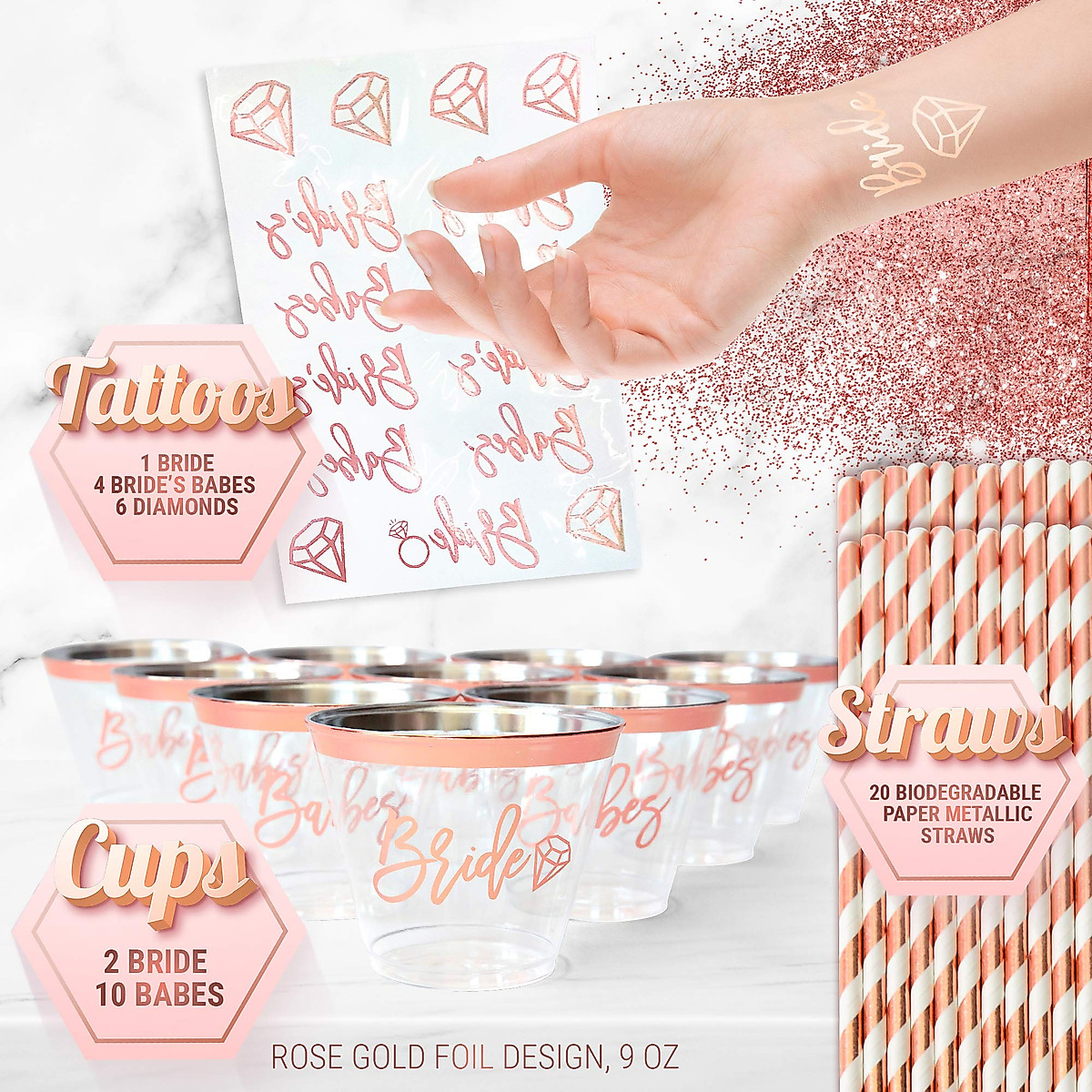 66 Piece Rose Gold Mega Bachelorette Party Decorations Kit, Fun Bridal Shower Decorations Pack, Bride to Be Sash, Rose Gold Cups, Veil, Bride & Ring Balloons, Premium Bridal Decorations for Shower