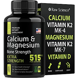 Calcium Magnesium Supplement, Bone Strength Supplements, Сalcium with Vitamin D & K2, Plant Based Calcium Pills for Women and Men, Magnesium + Calcium Supplement 515MG Per Serving, 90 Capsules