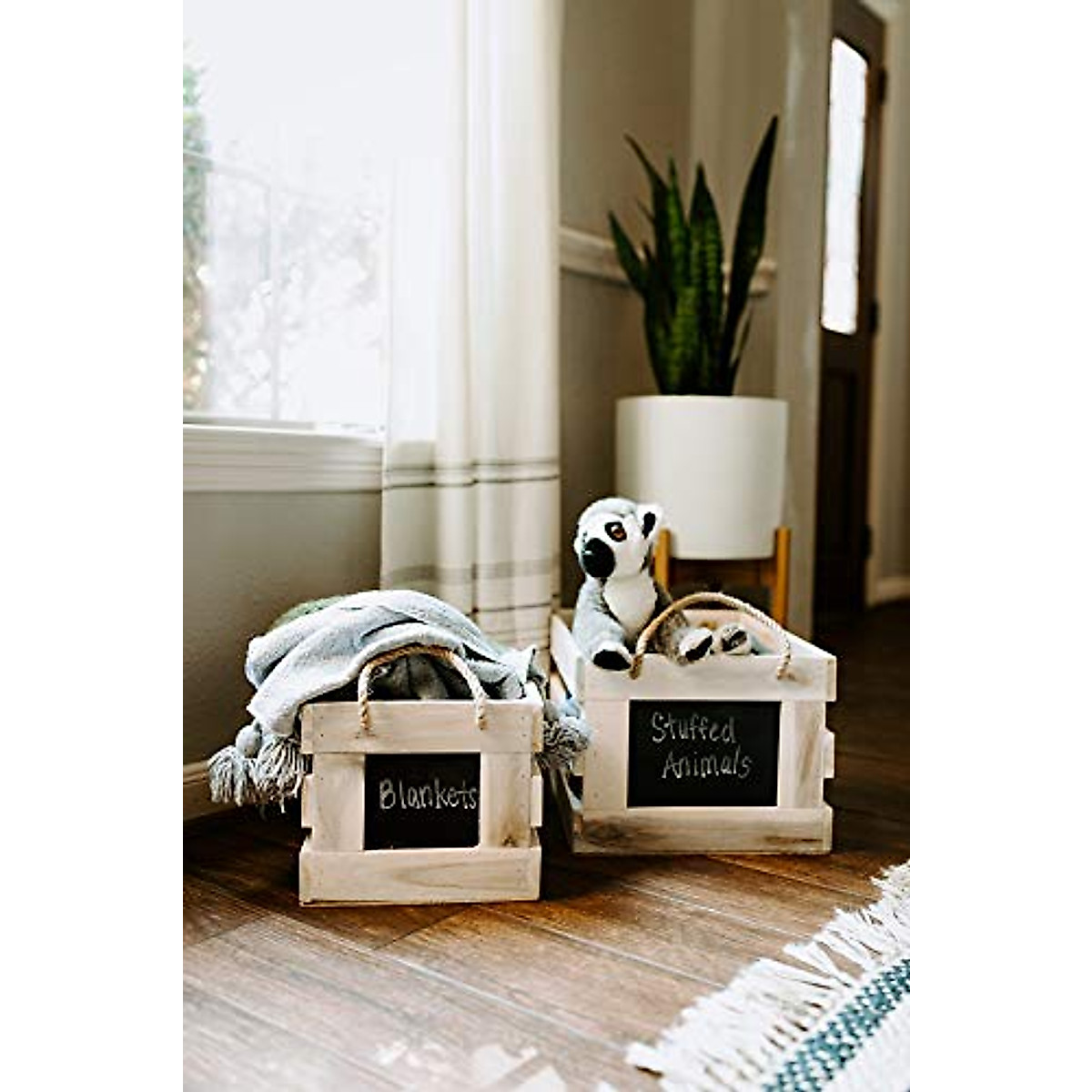 White Wooden Crates Decorative Set with Chalk Face and Rope Handles, Rustic Storage Crates (18 and 15 Inch)
