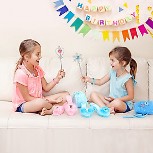 Hapgo Princess Dress Up Shoes and Pretend Jewelry Toys Set, 2 Pairs of Princess Shoes with Cape Tiara Crowns Earrings Necklaces Bracelets Rings Wands Bag Role Play Shoes for Girls Aged 3-6 Years Old