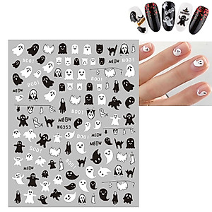 JMEOWIO 12 Sheets Halloween Nail Art Stickers Decals Self-Adhesive Pegatinas Uñas Skull Cute Horror Ghost Cat Witchy Bat Spook Nail Supplies Nail Art Design Decoration Accessories