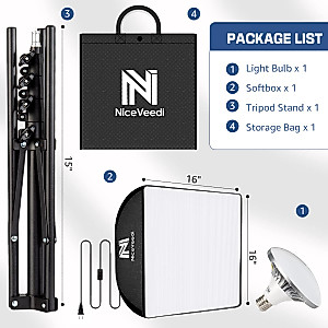 Softbox Lighting Kit, NiceVeedi 16'' x 16'' Softbox Photography Lighting Kit with 63” Tripod Stand & 5400K 450W Equivalent LED Bulb, Continuous Lighting for Photography/Video Record/Live Streaming