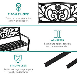 Best Choice Products Outdoor Bench Steel Garden Patio Porch Furniture for Lawn, Park, Deck w/Floral Design Backrest, Slatted Seat - Black