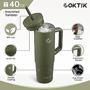 COKTIK 40 oz Tumbler with Handle and Straw, 3 Lids (Straw/Flip), Stainless Steel Vacuum Insulated Cup, 40 Ounce Travel Mug,Cupholder Friendly,Keeps Water Cold,Easy to Clean (Army Green)