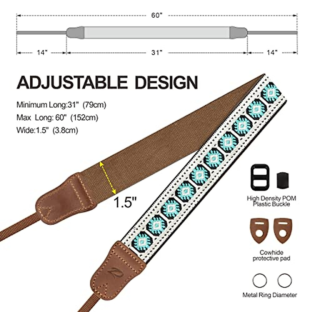 Camera Strap - 1.5" Cowhide Head Shoulder Neck Strap ,Retro Jacquard Embroidery Multi-pattern camera straps for Cameras and Binoculars,Cute Adjustable Thin Strap for Adults & Kids(Vintage White）