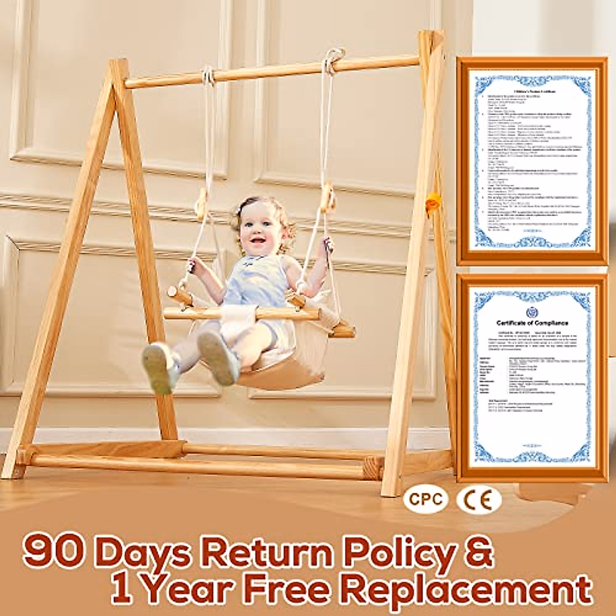 FUNLIO Wooden Toddler Swing Set with 4 Sandbags, Foldable Baby Swing Set with Durable Pine & Velcro, Portable Swing for Toddlers 6-36 Months, Kid Swing for Indoor/Outdoor/Backyard (Upgraded)