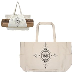 Burro Chakra Themed Yoga Mat Cotton Tote Bag with Mat Carrier Pocket Extra Pocket Inside (YB105 IVORY)