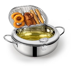 Deep Fryer Pot 304 Stainless Steel Japanese Frying Pot 2.2L, Janpanese Style Tempura Frying Pot with Lid, with Temperature Control Oil Drip Drainer Rack, or Fried Chicken, Shrimp, French, Chips dip