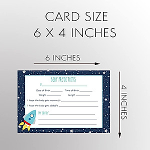 Space Baby Shower Predictions About New Baby Cards Rocket Ship Outer Space Sprinkle Wishes Hopes Dreams Ship Stars Moon Countdown 321 to Baby Spaceship Stripe Aqua Navy Blue Boys It's A Boy (24 Count)
