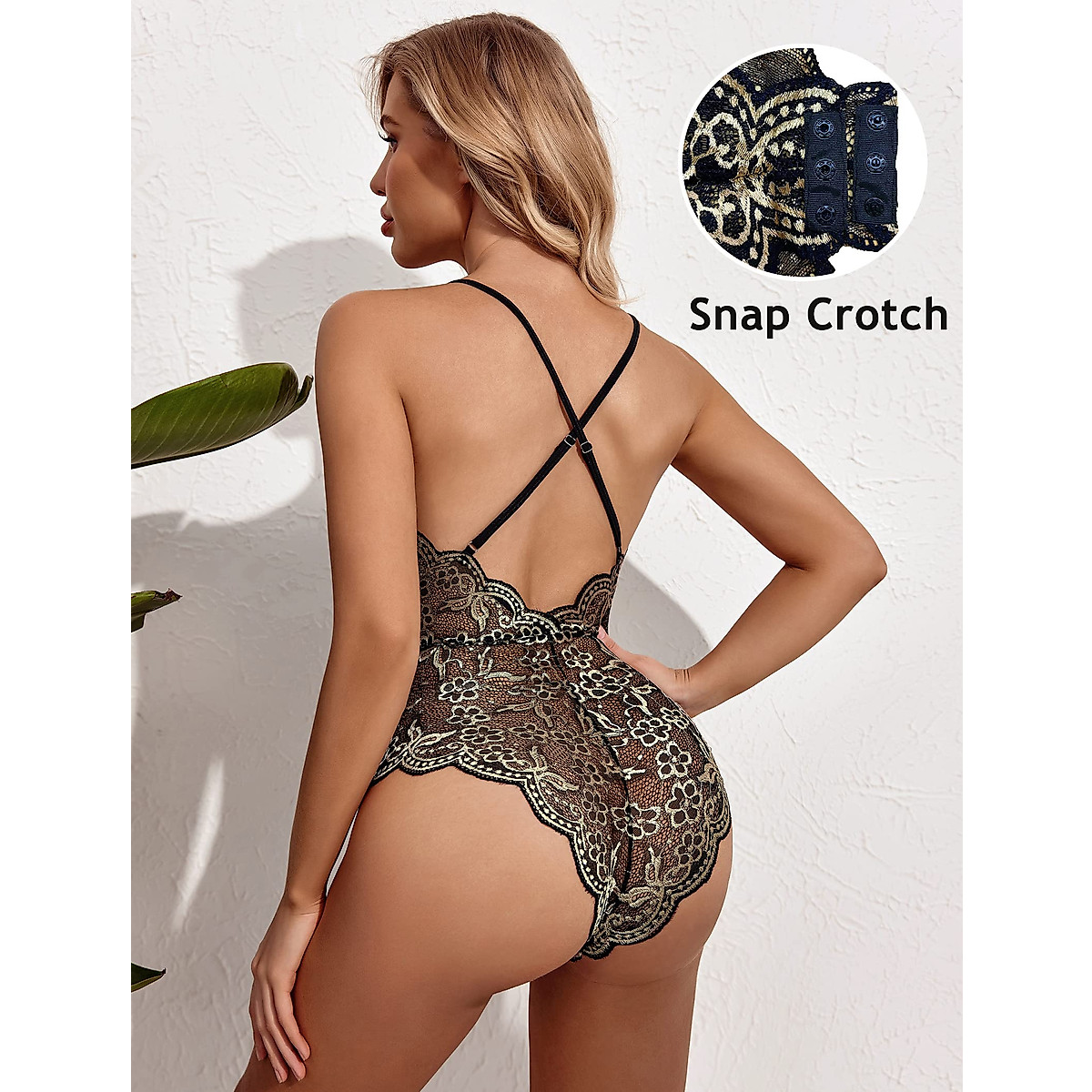 Avidlove Womens Snap Crotch Bodysuit Lingerie Lace Teddy One Piece Sleepwear (Black & Skin M)