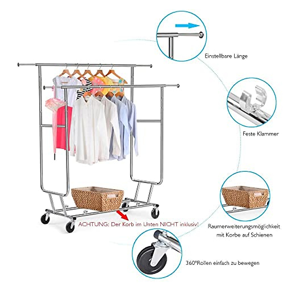 Topeakmart Rolling Clothes Rack 250 lbs Load Capacity Commercial Double Rail Garment Racks Portable Clothes Rack, Clothing Rack, Hanging Cloest Organizer, Drying Racks for Laundry, Wardrobe Cloest