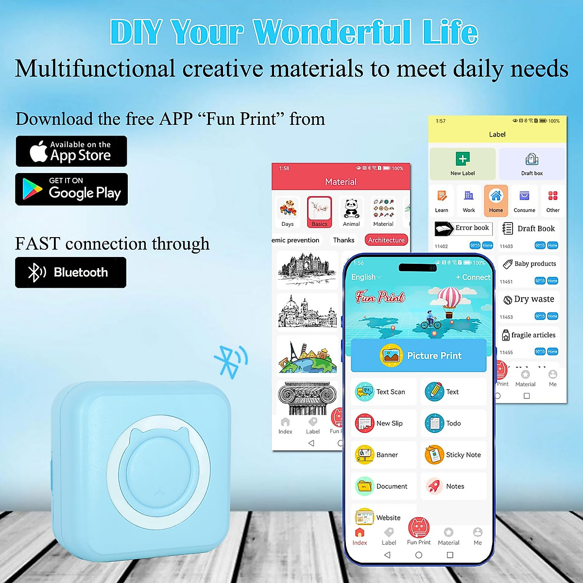 Vicbear Mini Thermal Printer, Inkless Sticker Printer with 14 Rolls Paper, Bluetooth Portable Printer for iPhone/Android Phone/Tablet, Mini Pocket Printer for Photos/Stickers/Labels/Notes, Blue