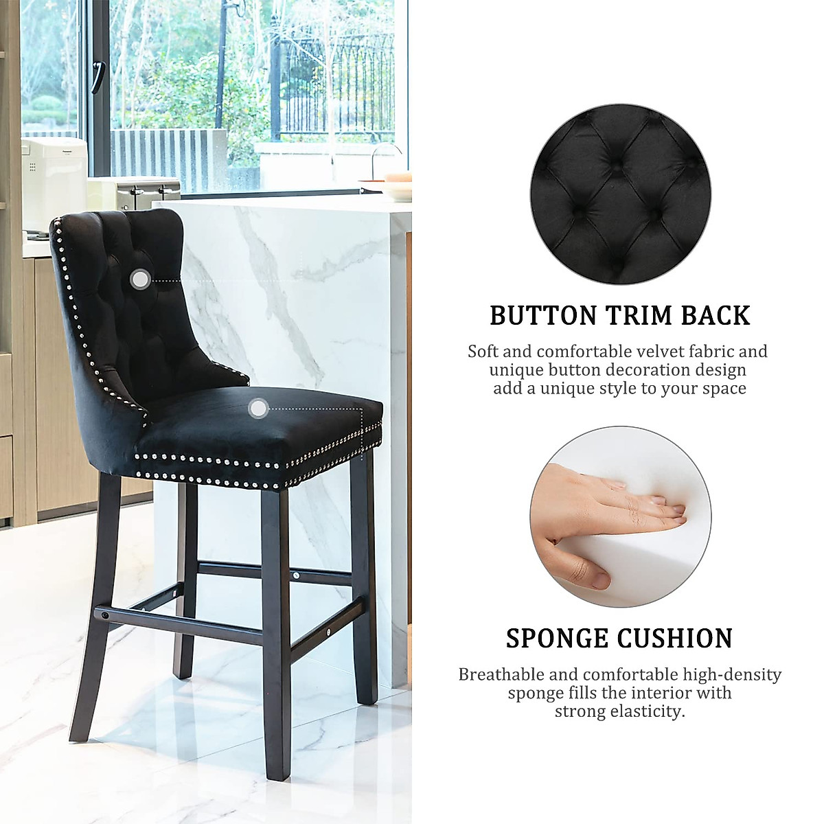 Kiztir Counter Height Bar Chairs Set of 2, 27" Modern Velvet Bar Stools with Button Decor, Nailhead Trim, Solid Wooden Legs, Beige Upholstered Bar Stools for Kitchen, Cafe, Pub (Black)