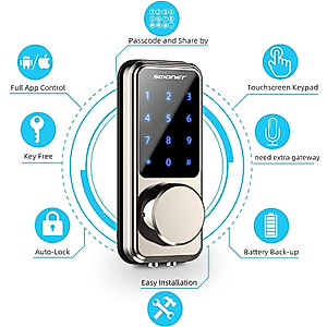 Smart Lock,SMONET Keyless Entry Door Lock,Remote Lock Unlock for Home Security,Easy Installation,Voice Control,Touchscreen Keypad Deadbolt,Code Bluetooth Electric Deadbolt for Hotel,Office
