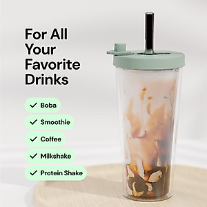 Dodoko Reusable Boba Cup and Straw Boba Tea Cup Bubble Tea Cup Reusable Iced Coffee Cup Cold Coffee Cup Smoothie Cup with Lid and Straw Smoothie Cup to go Smoothie Tumbler 17 oz - Sage Green