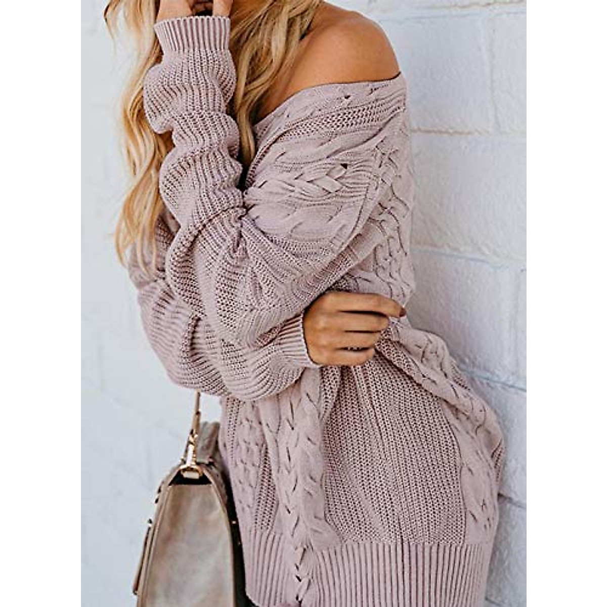 EVALESS Womens Fall Sweater 2023 Fashion Oversized Off The Shoulder Cable Knit V Neck Chunky Pullover Casual Solid Color Winter Long Sleeve Clothes Tops,Pink S