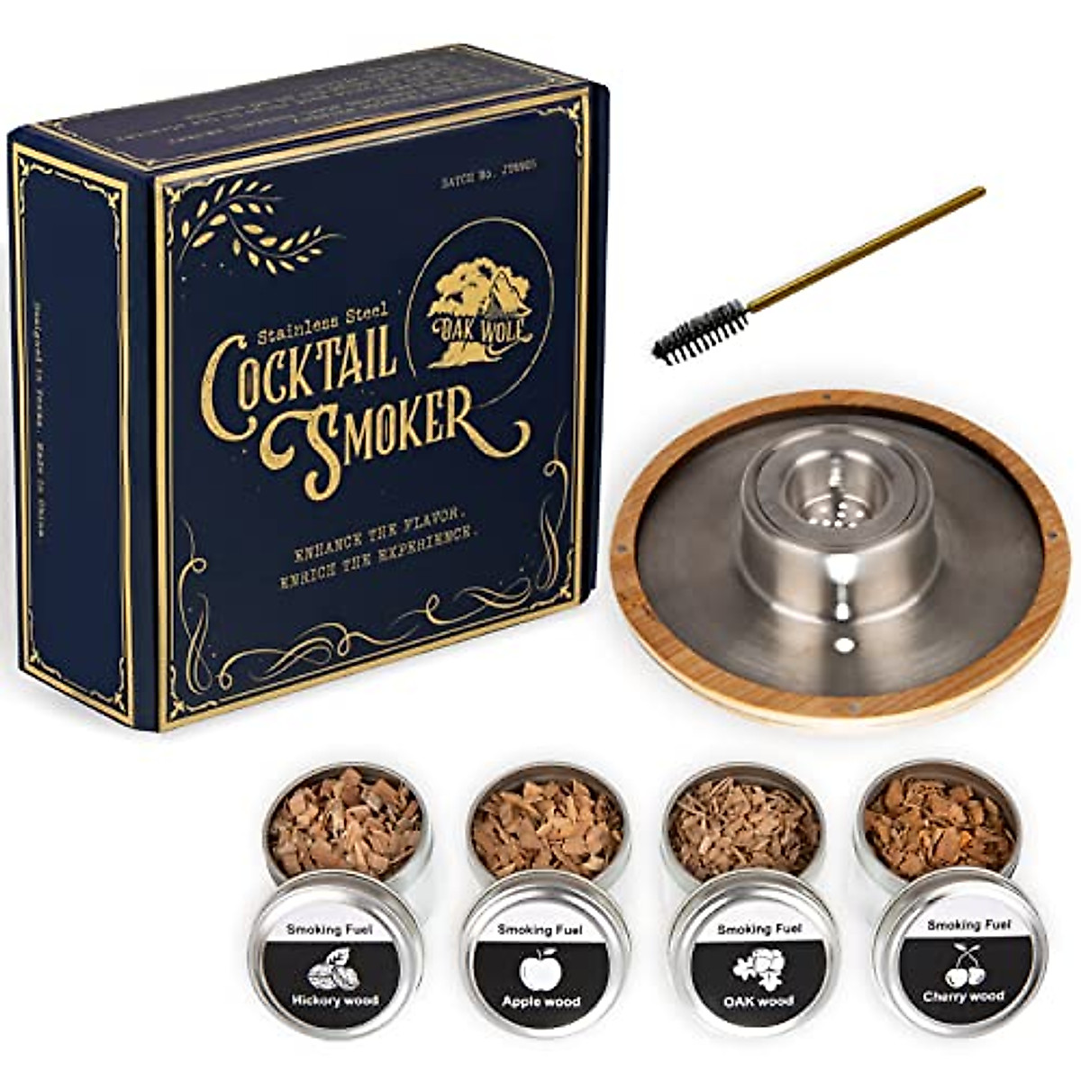 Oak Wolf Whiskey Smoker Kit With 4 Flavors of Wood Chips for Old Fashioned Cocktail Smoker - Stainless Steel Bourbon Smoker Kit Also Includes a Strainer & Brush - Bourbon & Whiskey Enthusiasts