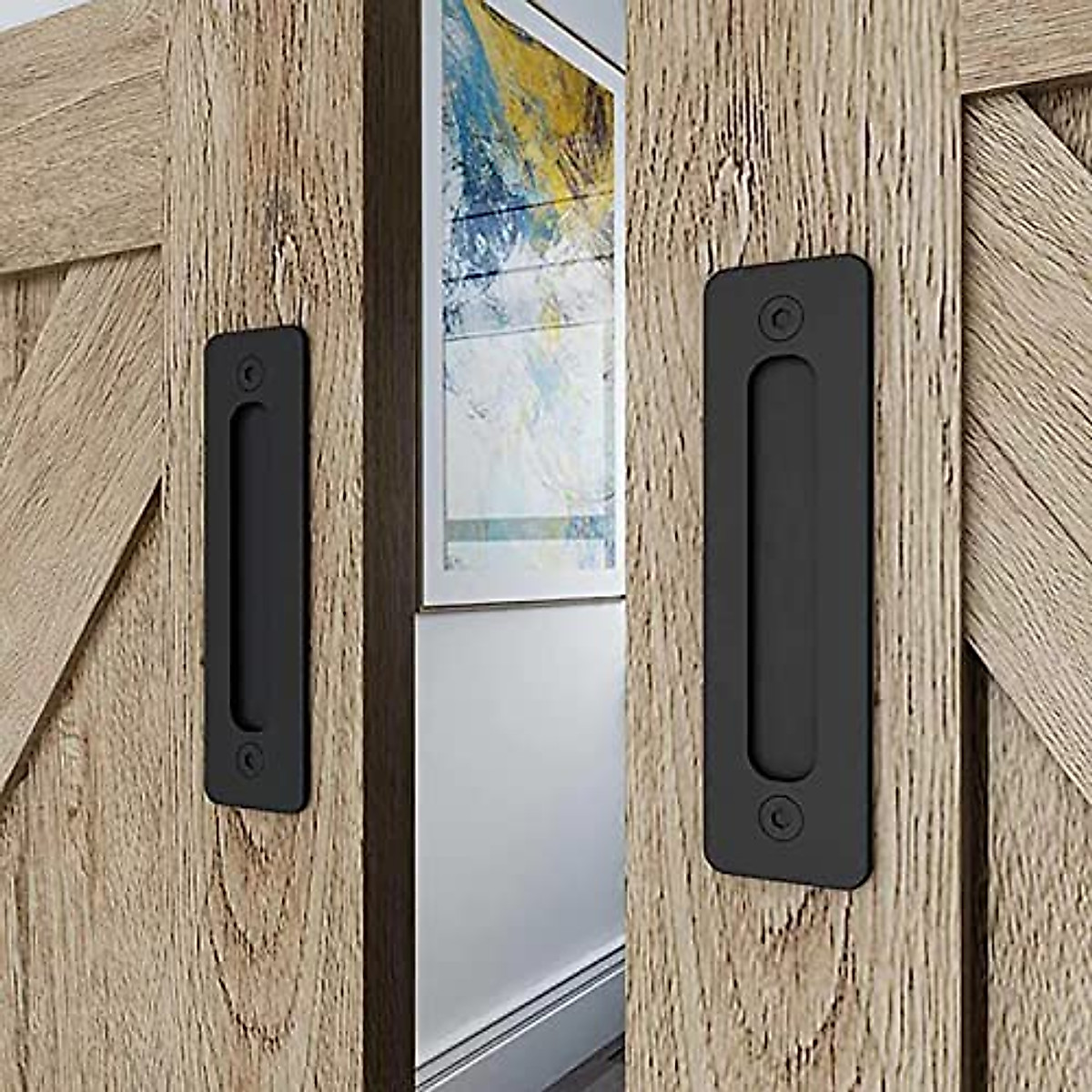 MIWOOYY 12 inch Barn Door Handle Matte Black - Handmade Rustic Sliding Barn Door Pull Flush Handles with Hook Lock Latch Set, Barn Door Gate Garage Hardware Kit