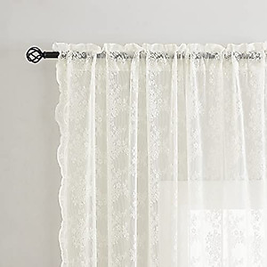 YJ YANJUN Sheer Lace Curtains for Bedroom Ivory Elegant Victorian Curtains Scalloped Edges Floral Kitchen Window Curtains 63 Inch Length Rod Pocket, 52 x 63 Inch, Ivory