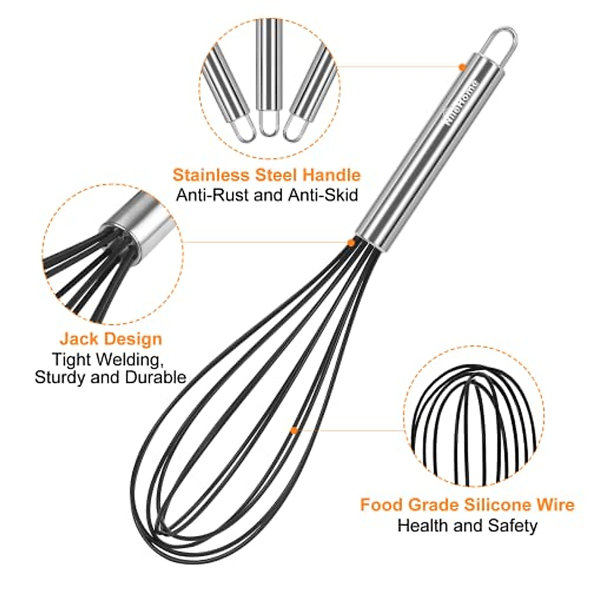 NileHome Whisk Commercial Whisks Stainless Steel & Silicone Non-Stick Coated Small Whisk Set 8" 10" 12" Kitchen Wisk Wire Whisks for Cooking 3 Pack, Black
