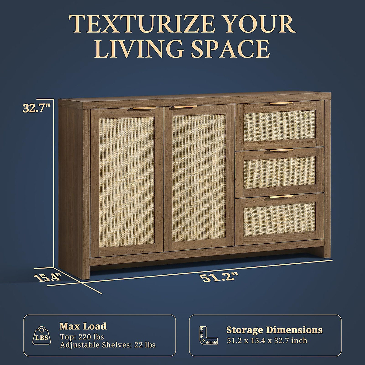 OAKHAM HOME Kitchen Storage Cabinets, Buffet Cabinet with Storage Rattan Sideboard Cabinet Organizer 3 Drawers and 2 Doors Accent Console Table for Kitchen Hallway Living Room bar (Special Walnut)