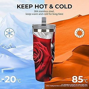 30oz Stainless Steel Insulated Tumbler with Flip Lid & Straw, Leakproof Travel Mug for Car, Black White And Red Roses Double Wall Vacuum Thermal Coffee Cup with Handle, Spill-Proof Design for Hot/Cold