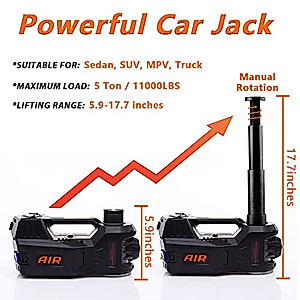 STANDTALL Electric Car Jack Kit, 5 Ton 12 V Hydraulic Jack with Impact Wrench Tire Inflator Pump and LED Light, for Sedans SUV and Trucks, Home Garage Tire Changing Repair and Road Emergency