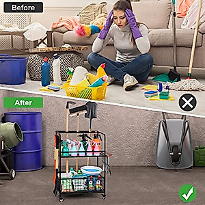 Garden Tool Organizer with Wheels, Heavy Duty Metal Tool Shelf, Garage Tool Storage Organizers, Utility Storage Rack with Hooks for Yard Garden Garage Tool Holder Yard Garden Garage Tool Holder