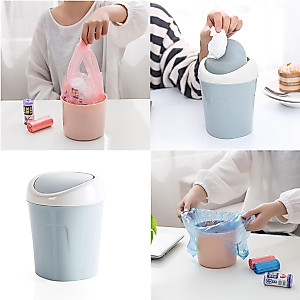 AISIBO Plastic Mini Desktop Trash Can with Trash Bags, Tiny Wastebasket Small Garbage Waste Bin with Swing Lid for Tabletop Table Office Kitchen Bedroom Bathroom (Blue)