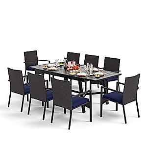 PHI VILLA 9 Pieces Patio Dining Set for 8, Rattan Wicker Chairs and E-Coating Expandable Rectangular Metal Table, Outdoor Dining Table and Chairs Furniture for Backyard Deck Garden Porch