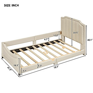 GJHOME Twin Size Upholstered Daybed, Cute Velvet Leather Sofa Bed with Classic Stripe Shaped Headboard, Wooden Platform Bed Frame for Kids Teens Adults, No Box Spring Needed,Beige