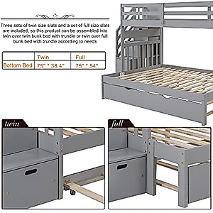 Harper & Bright Designs Stairway Twin Over Twin/Full Bunk Bed with Twin Size Trundle and Drawers, Solid Wood Bunk Bed Staircase Can be Placed on The Left or Right Side (Grey)