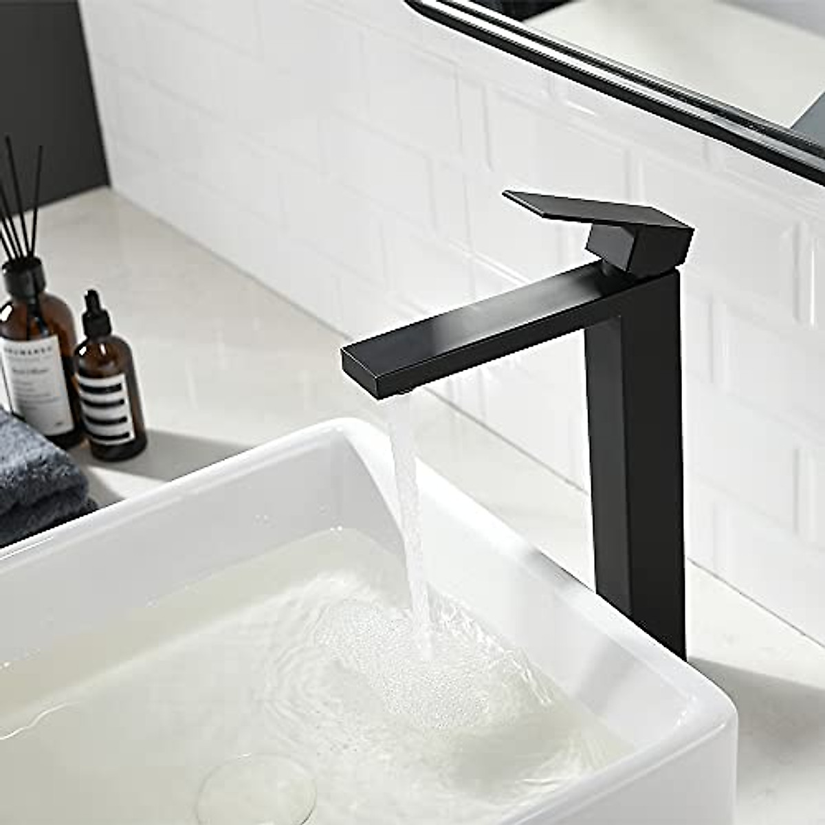 Friho Single Handle Matte Black Tall Bathroom Vessel Sink Faucet, Modern Bathroom Vanity Faucets Vessel Basin Mixer Tap Bathroom Sink Faucet with Drain Pop up&Water Hoses